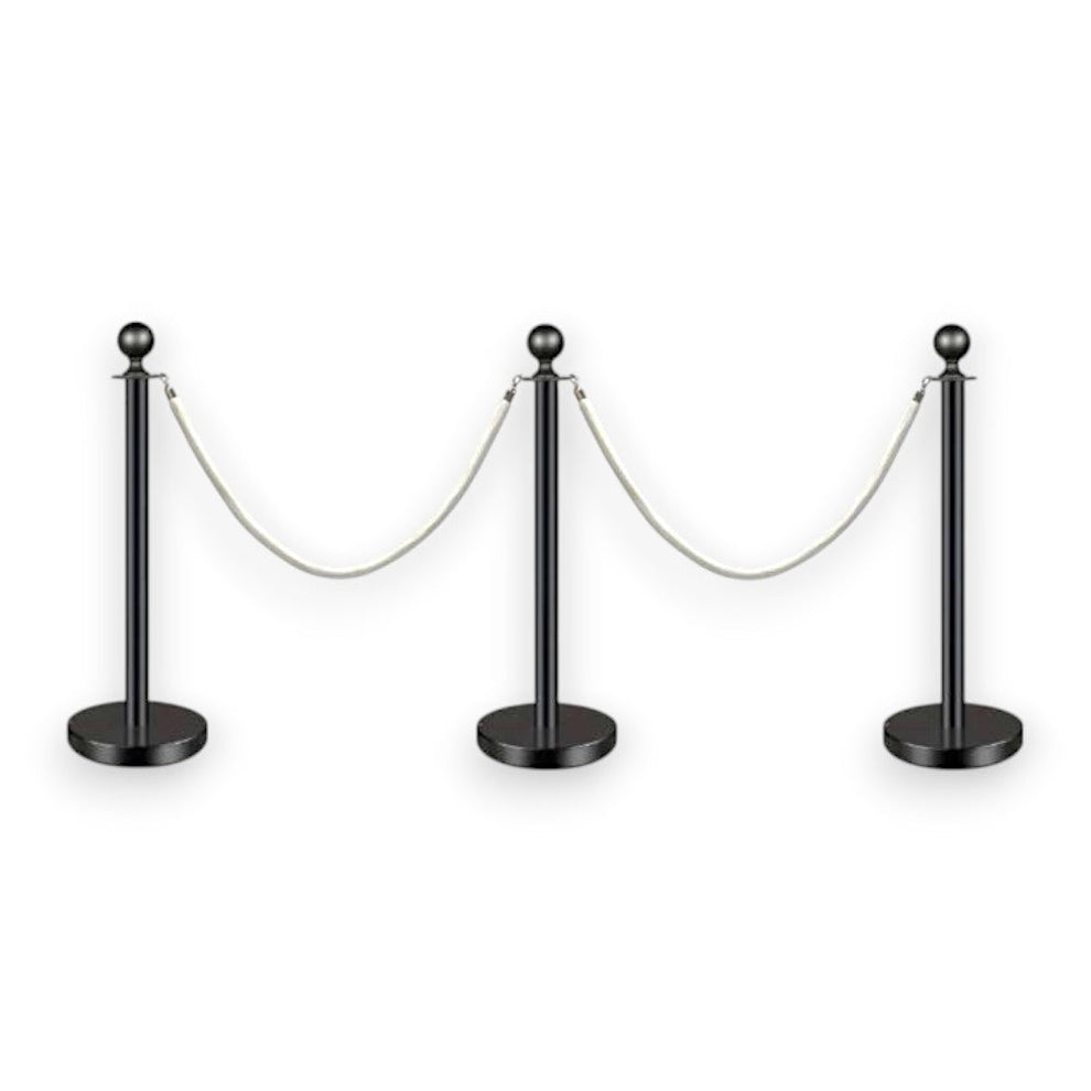 Black Queue Bollard Post Set of 3 Posts + 2 White Ropes – Safety Elite