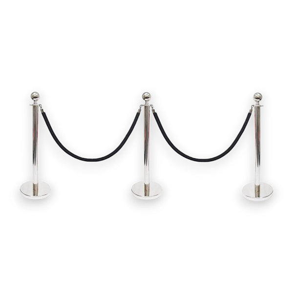 Silver Queue Bollard Post Set of 3 Posts + 2 Black Ropes – Safety Elite